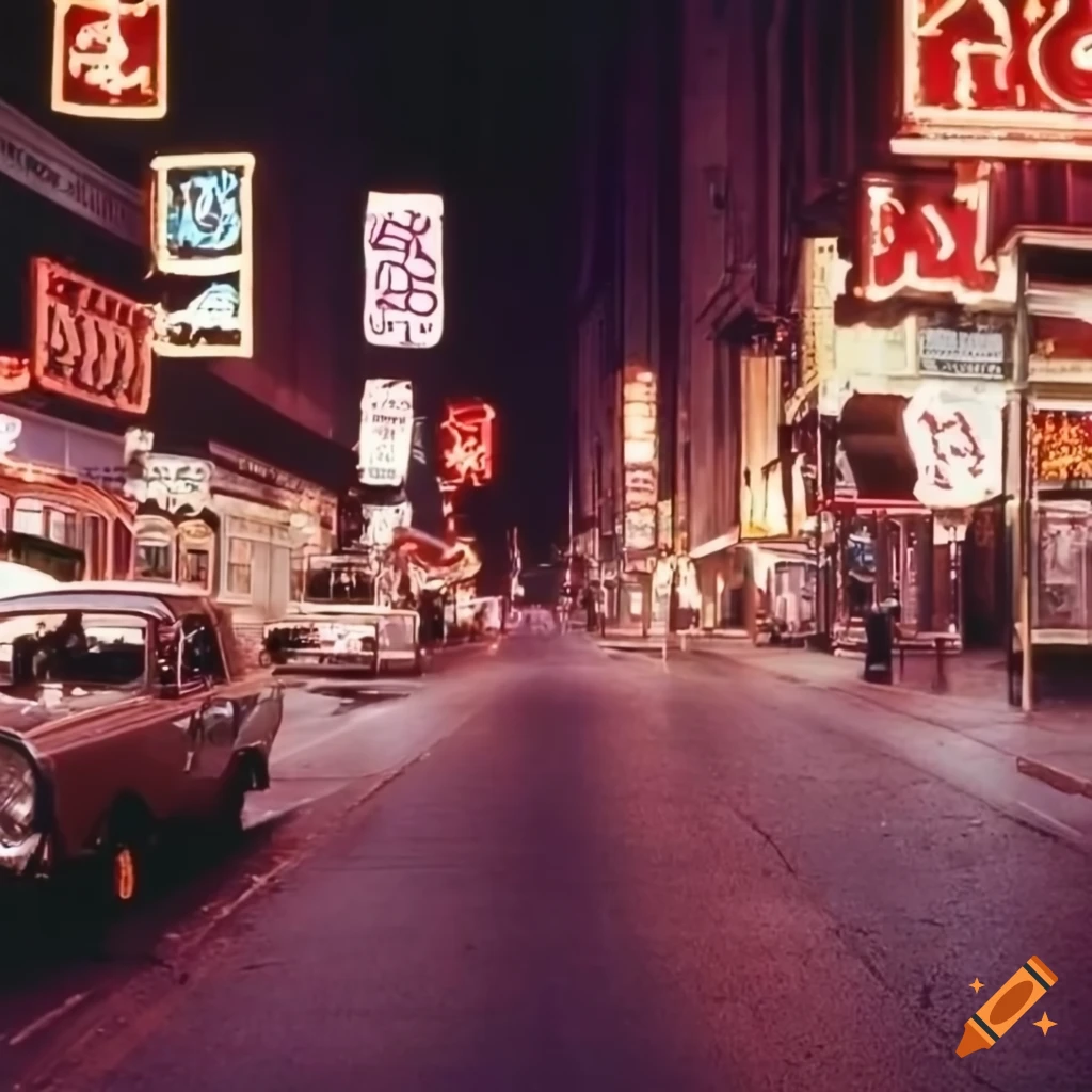 Vibrant 1980s street with neon signs and vintage cars on Craiyon