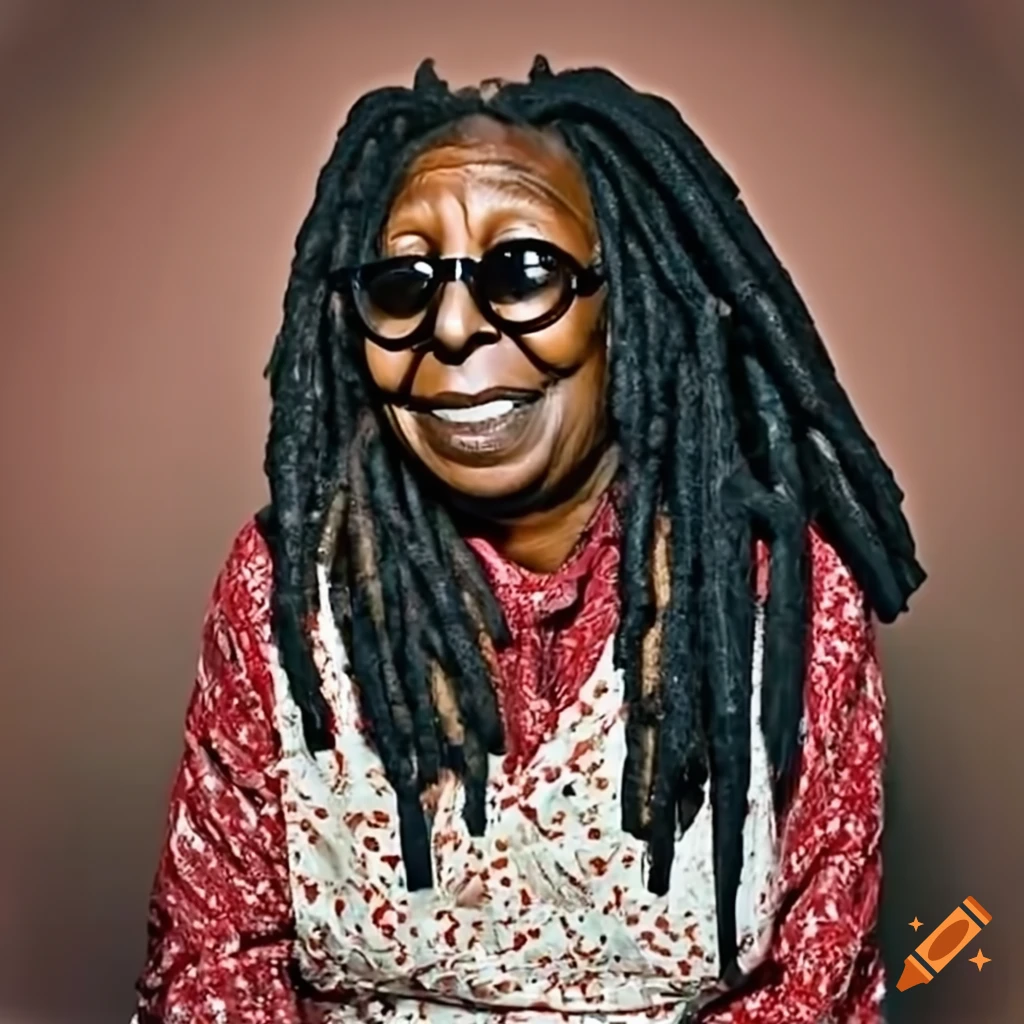 Whoopi Goldberg sitting in a heap of trash on Craiyon