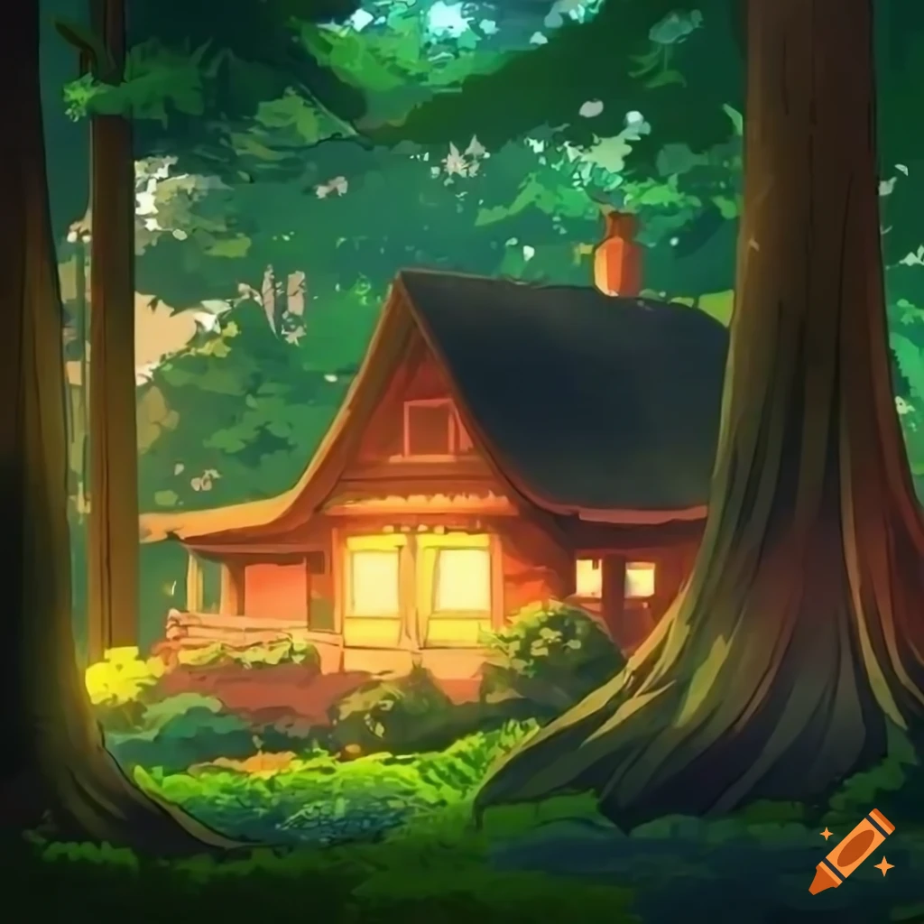 Anime cottage in a peaceful forest