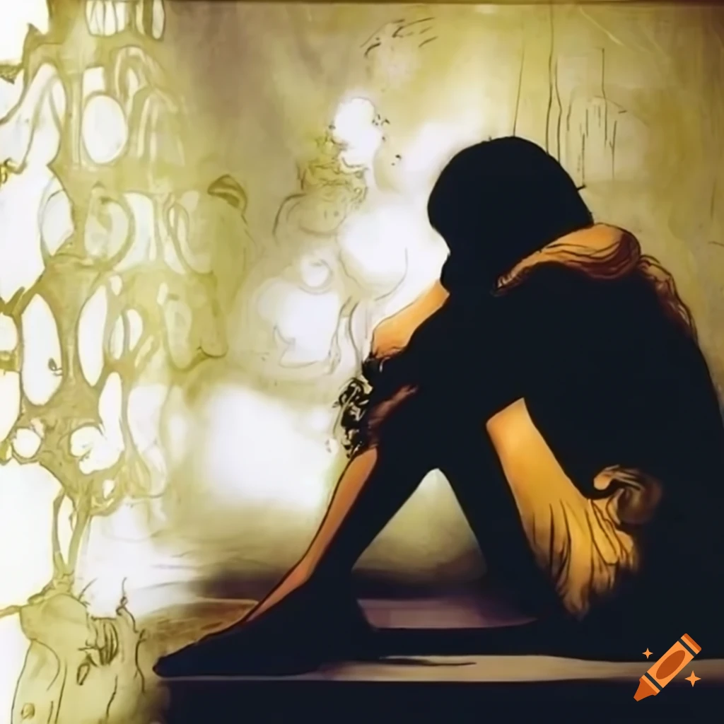 Yoshitaka Amano-style illustration of a man contemplating in front of a ...