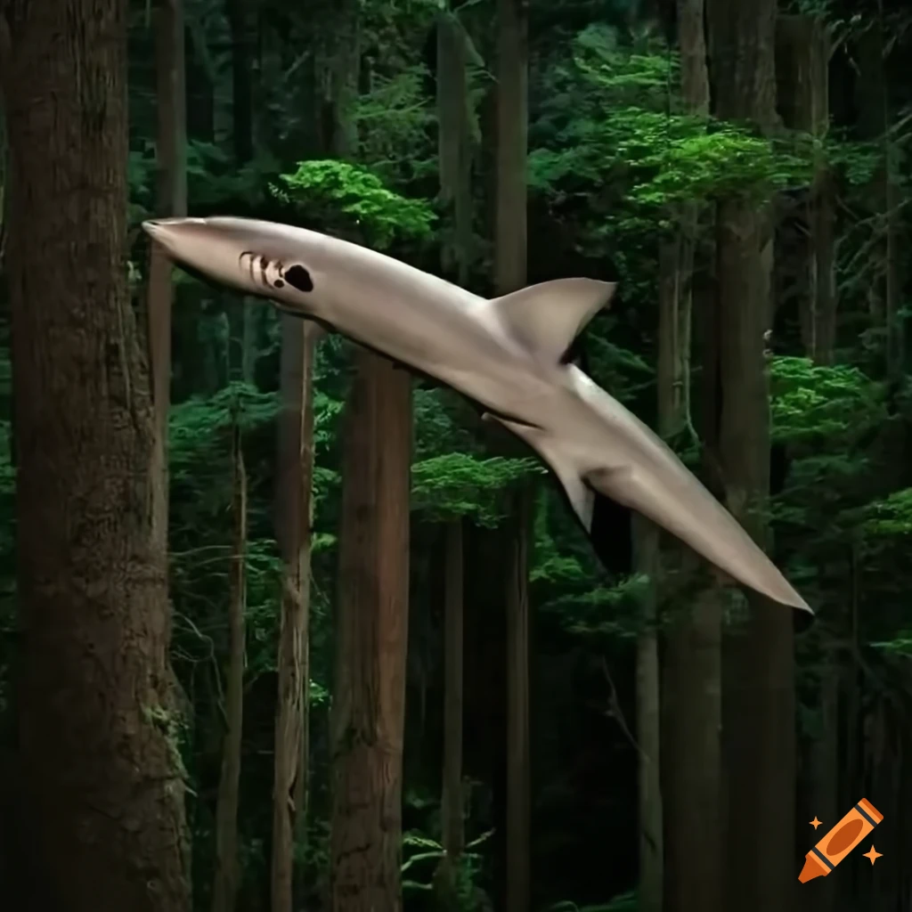 Illustration of a flying shark in a forest