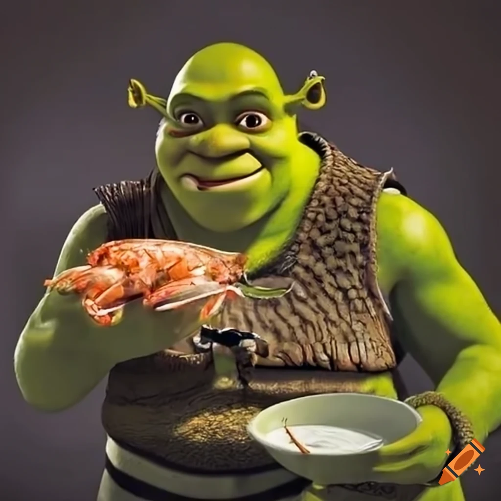 Cartoon image of shrek eating a bowl of prawns and badgers on Craiyon