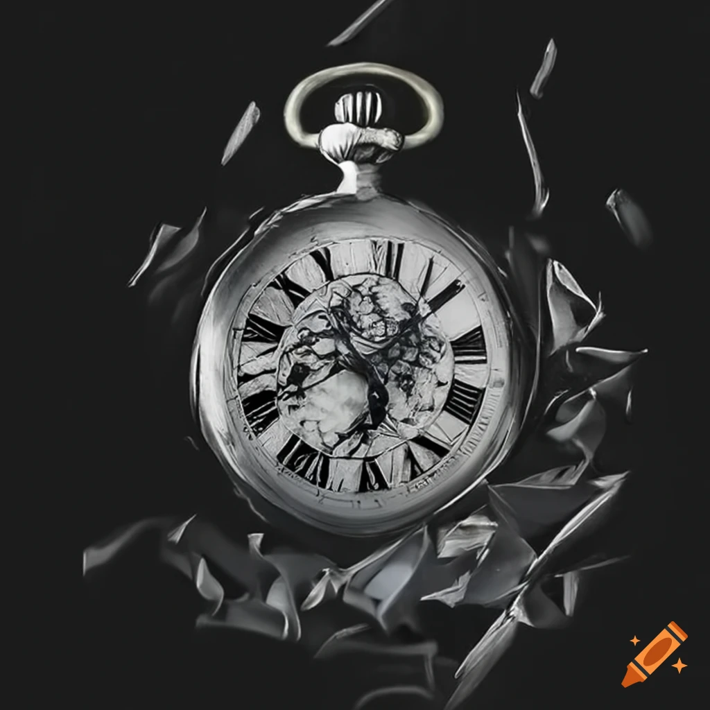 Floating shattered pocket watch fragments
