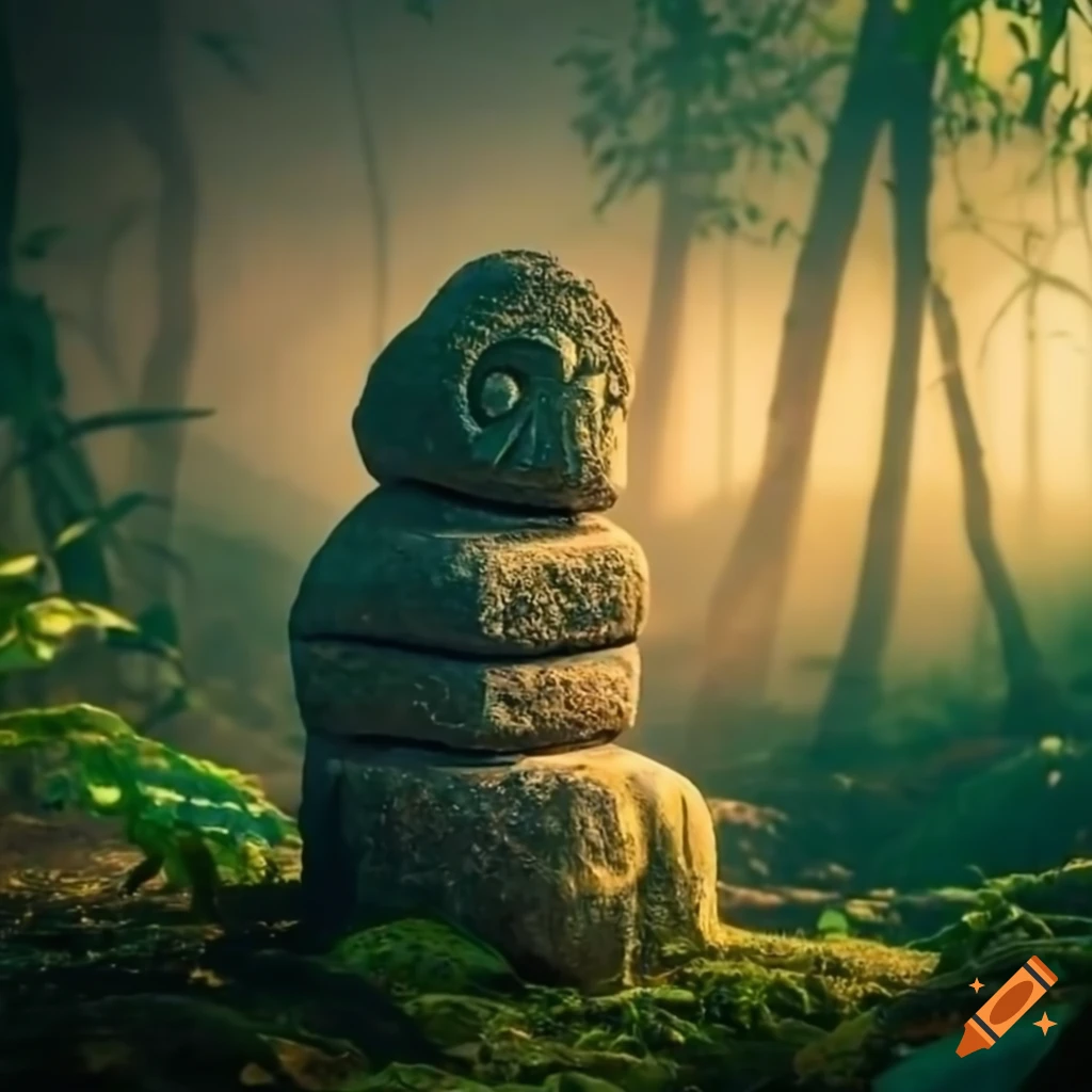 Sunset in a jungle with an ancient stone artifact