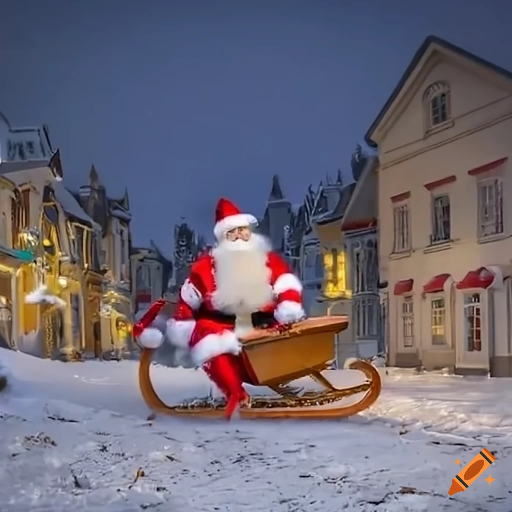 Santa flying over a town in his sleigh