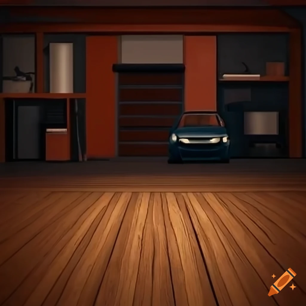 Wooden floor with workshop and car in the background on Craiyon
