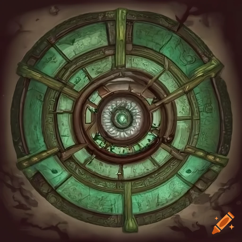 Top-down view of a green spiral portal room in a creepy mansion