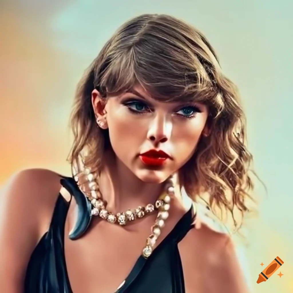Taylor swift wearing black leather top and pearls necklace
