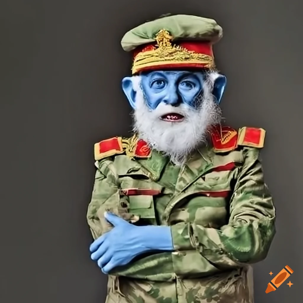 Papa smurf dressed as a military dictator