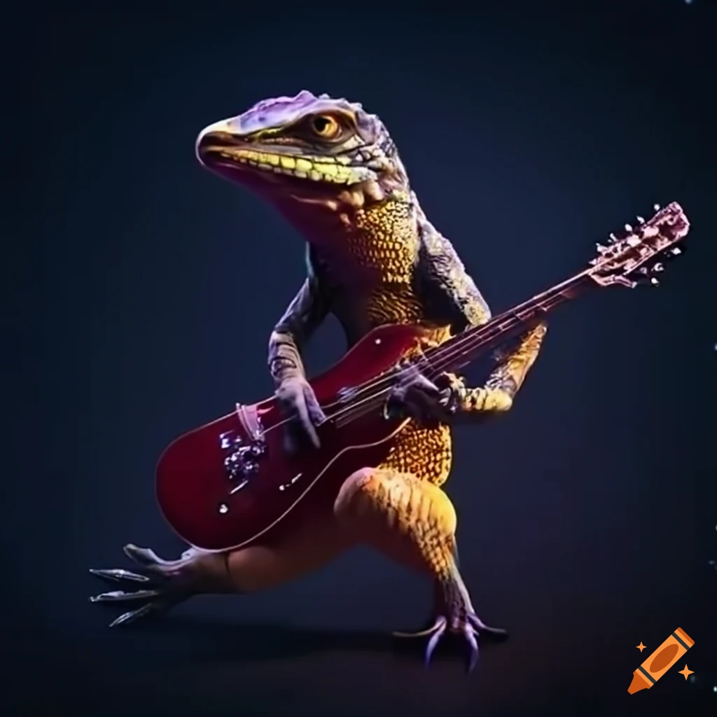 Image of a lizard playing guitar in space