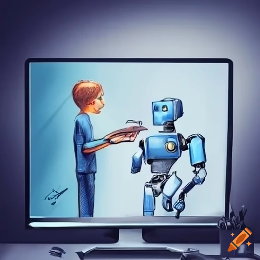 Human explaining a bar graph to a robot on a computer on Craiyon