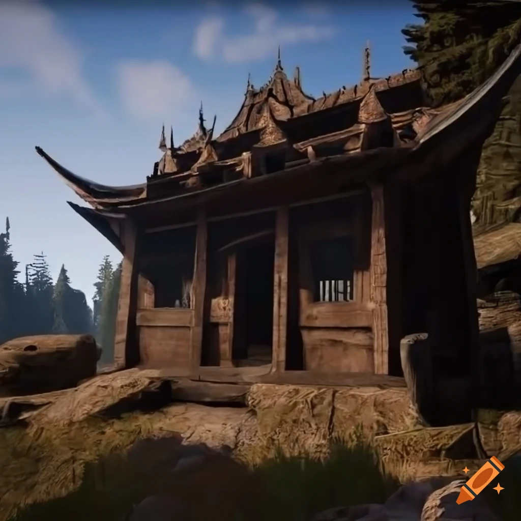 Image of a red-golden-white colored wooden temple in a forest on Craiyon