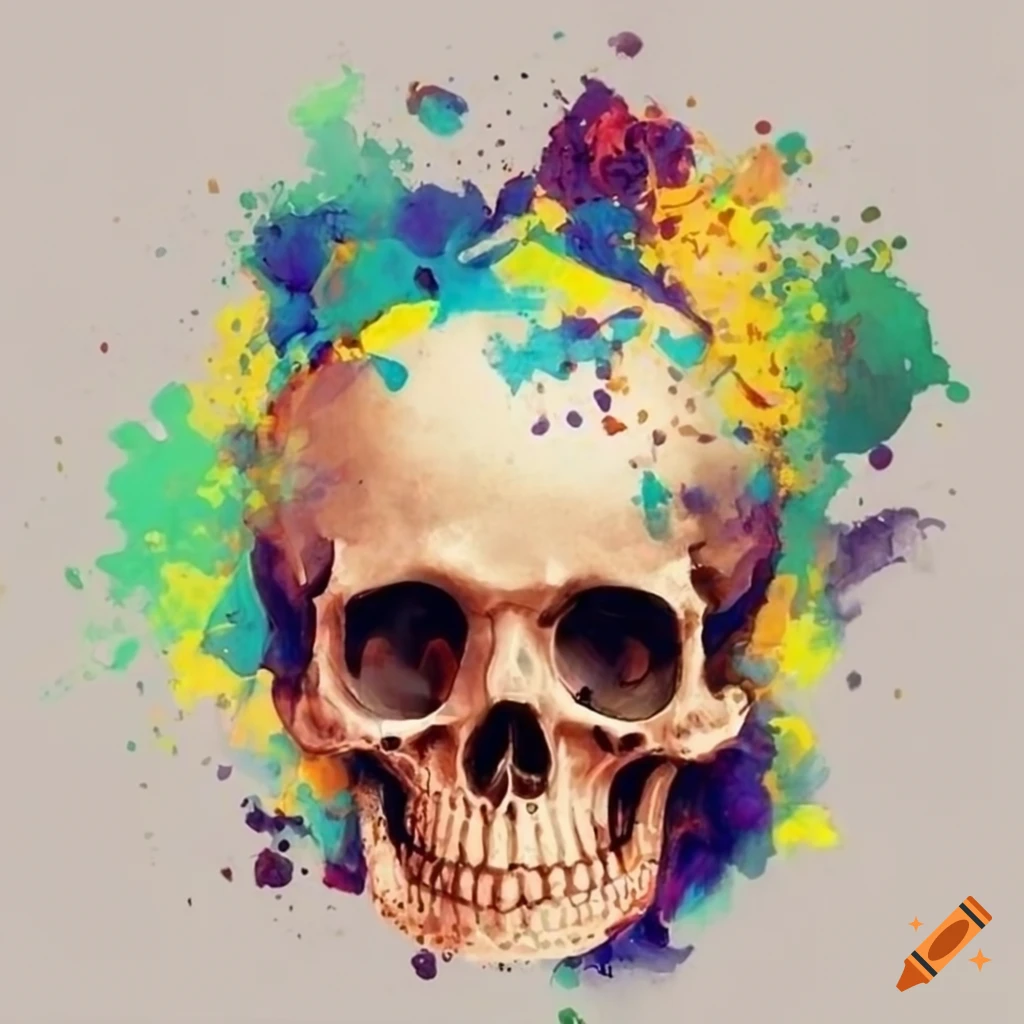 Watercolor of a skull with ink and paint splashes on Craiyon