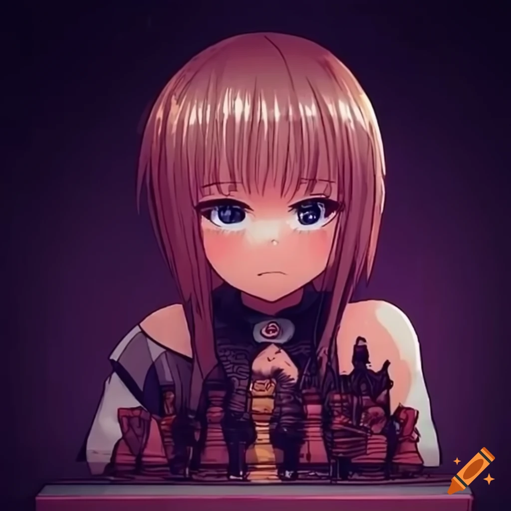 Illustration of a manga girl playing with a chess piece on Craiyon