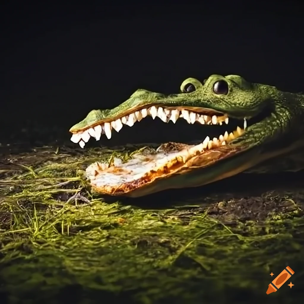 Horror-themed alligator-shaped pizza in a swamp on Craiyon