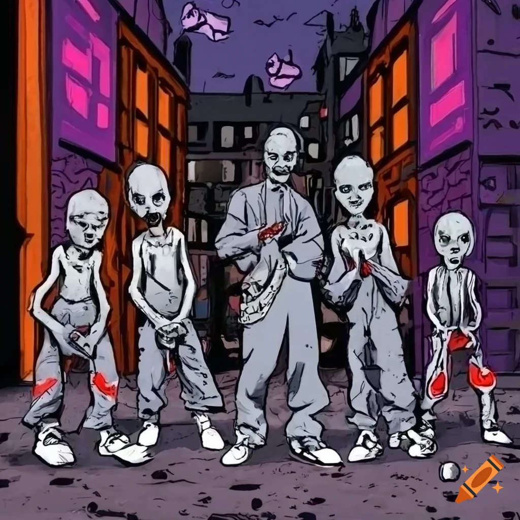 Edgy comic illustration of alien devil hybrids in alley on Craiyon