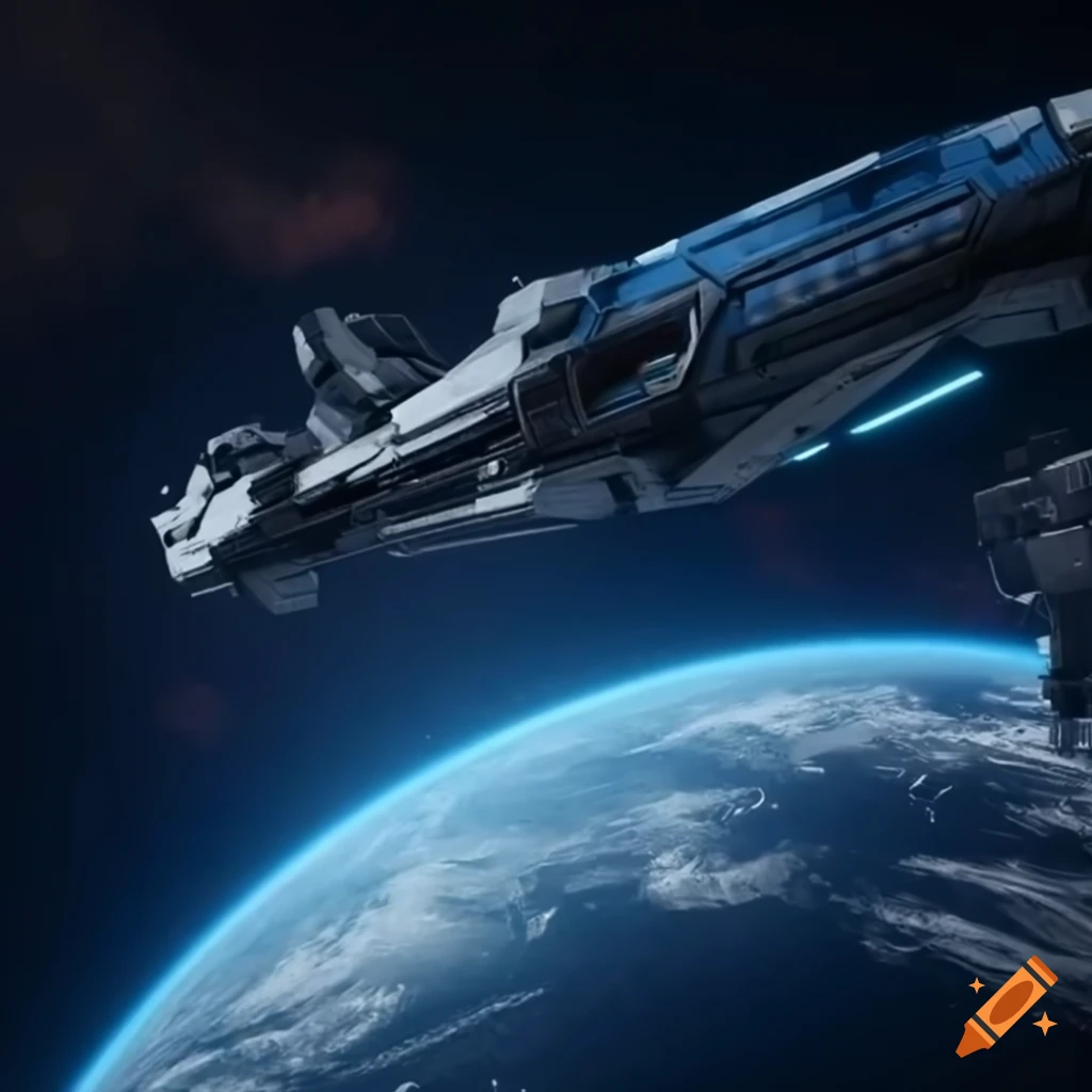 Blue-white long sci-fi spaceship in space on Craiyon