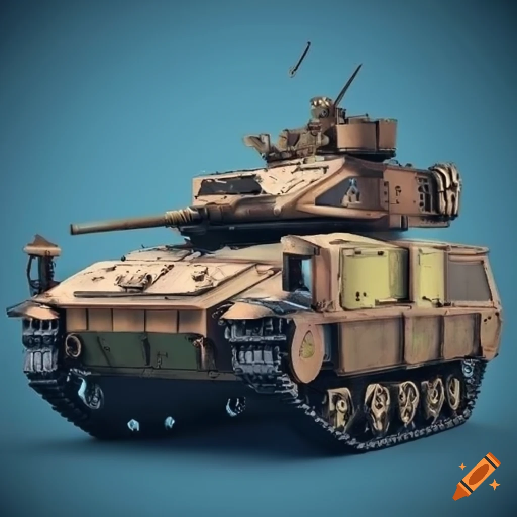 Steampunk-inspired british tracked apc on blue background on Craiyon