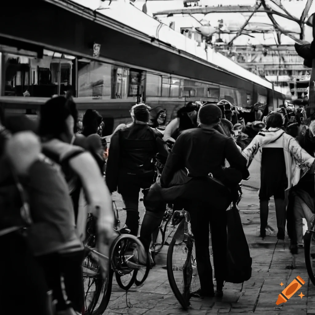 Busy train station with rushing commuters and bikes on Craiyon