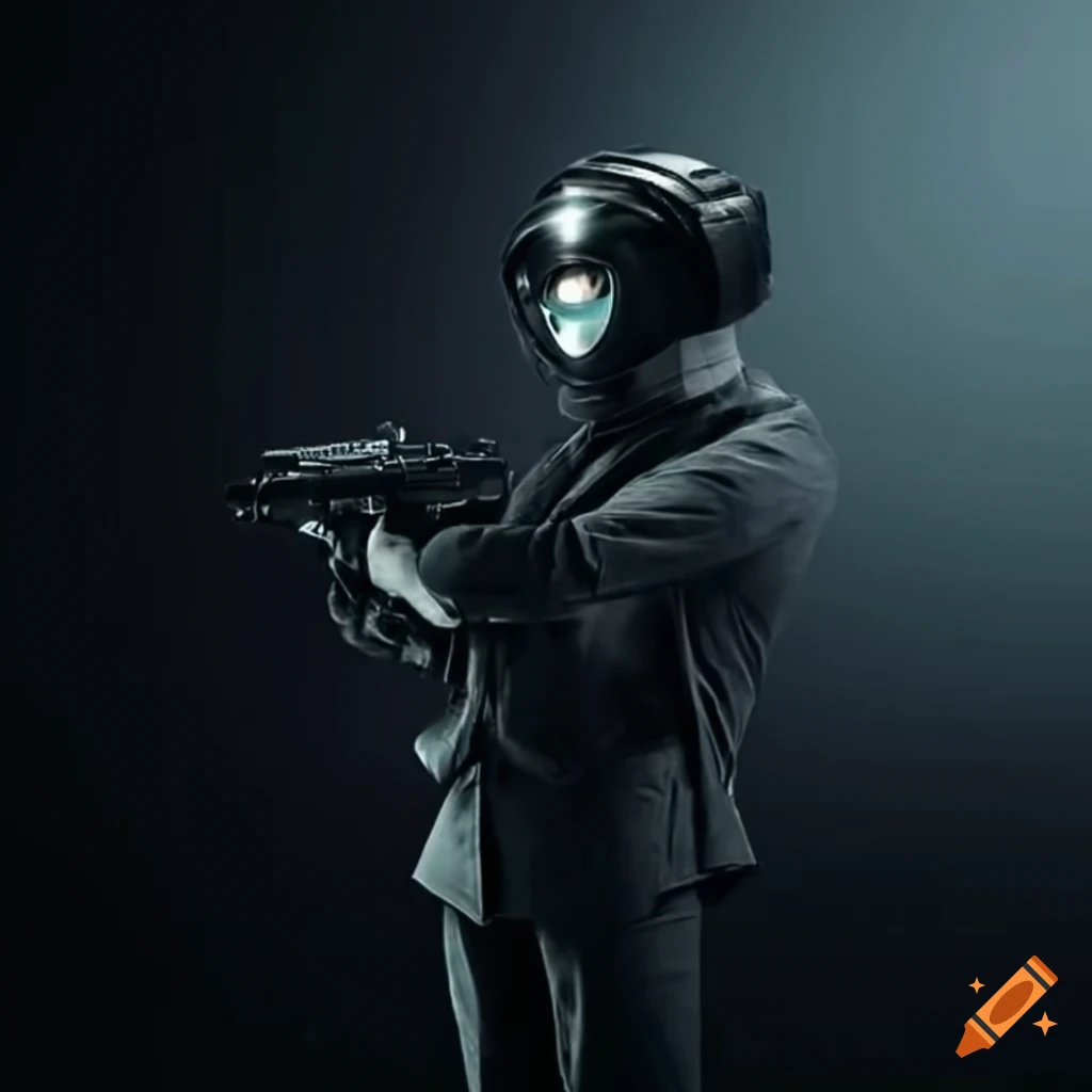 Black-suited secret agent aiming gun at a ufo