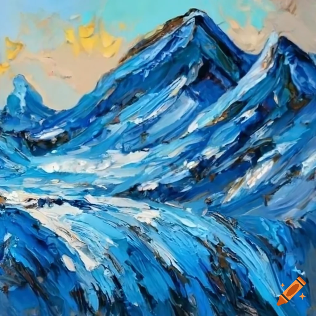 Impasto painting of blue snow sliding down a mountain