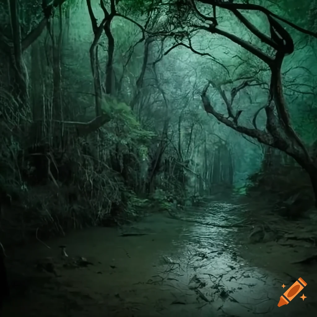 Image of a haunted jungle at night on Craiyon