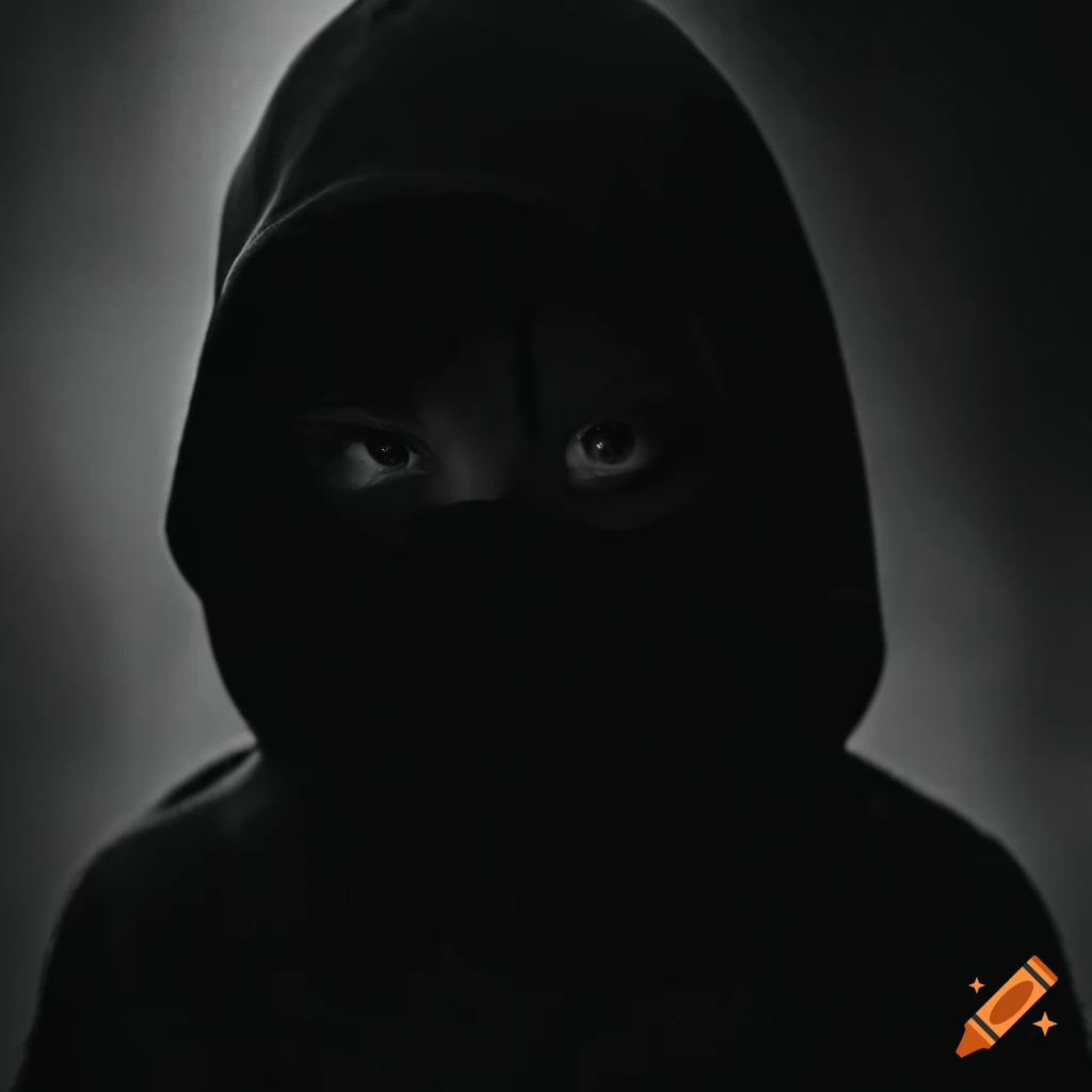 Black and white photograph of a boy with a shadowy face on Craiyon