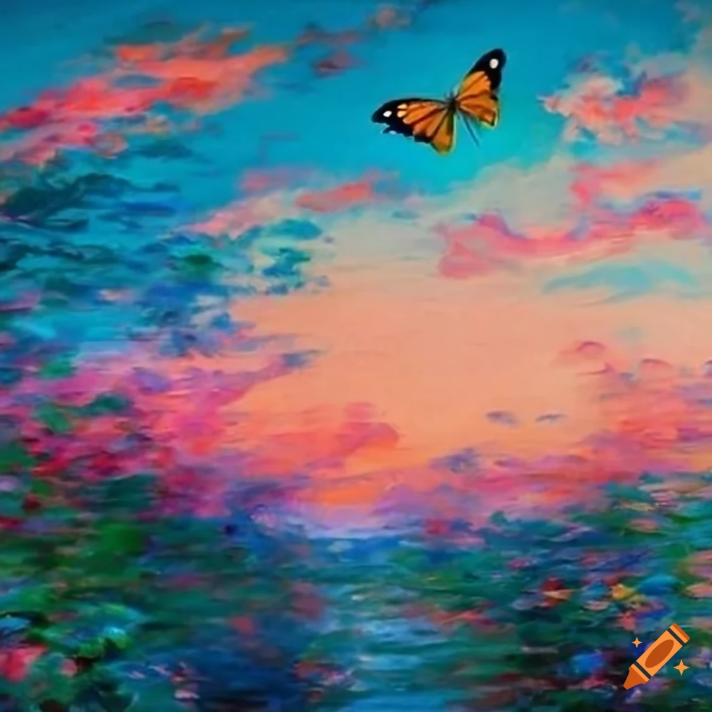 Monet painting of butterfly in colorful garden at sunset