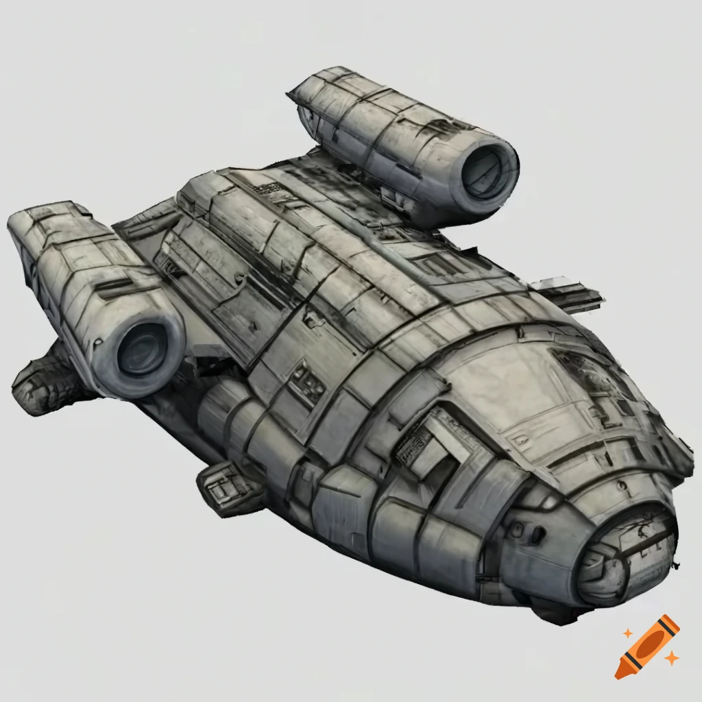 Realistic utilitarian cargo spaceship with greebles on Craiyon