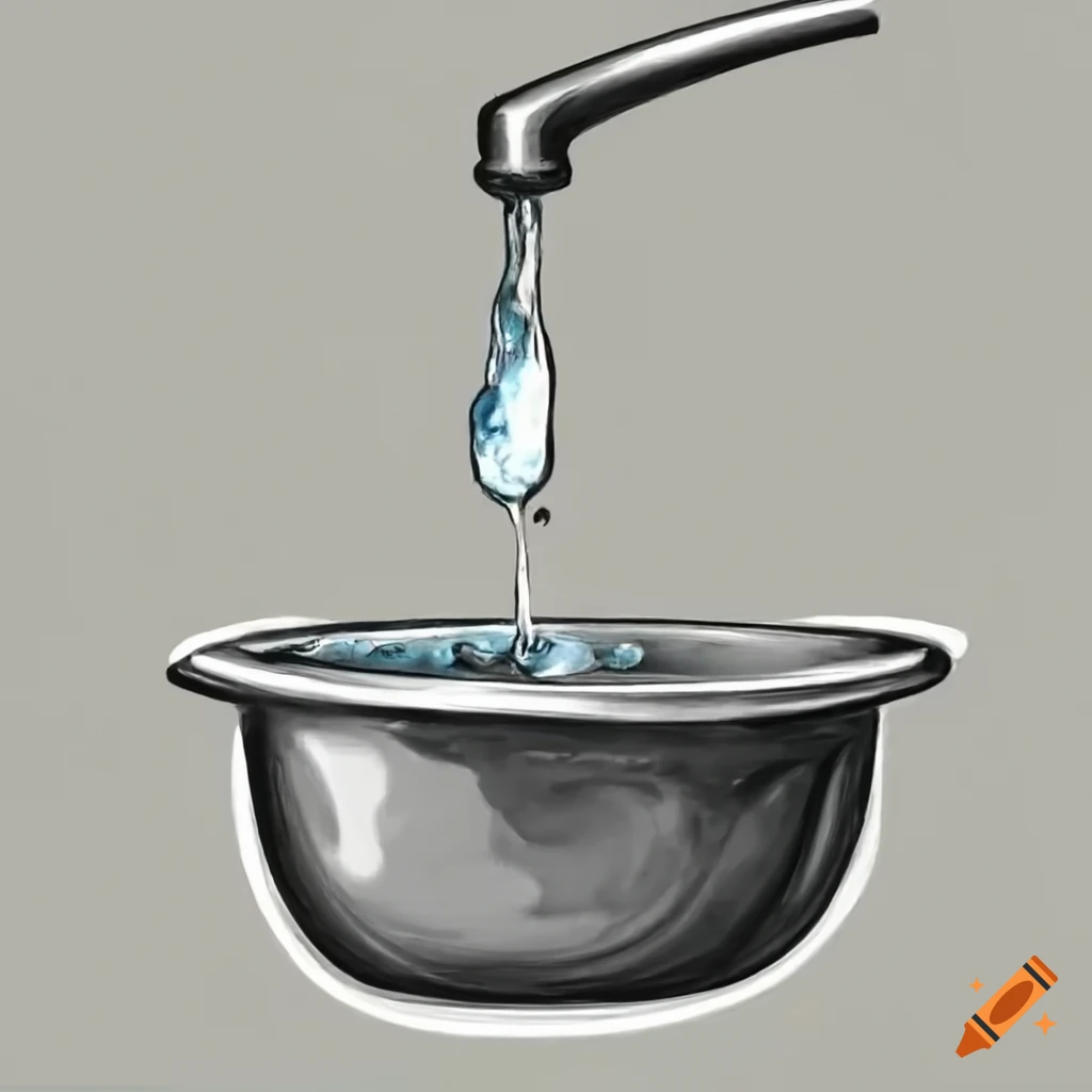 Pencil drawing of water pouring into a metal sink on Craiyon