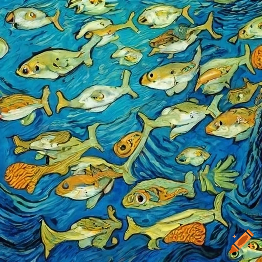Van gogh painting of fish swimming in vortex on Craiyon