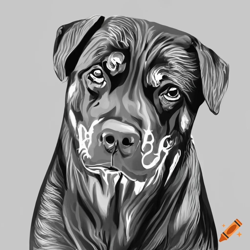 Black and white line drawing of a rottweiler