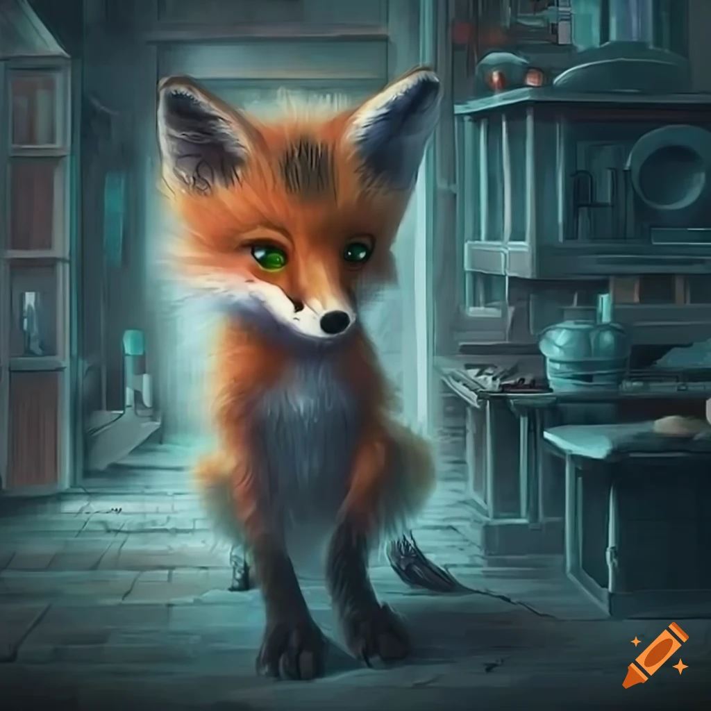 Anime art of a fox cub in a dystopian laboratory on Craiyon