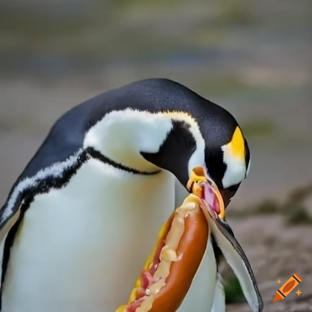 Penguin enjoying a hotdog