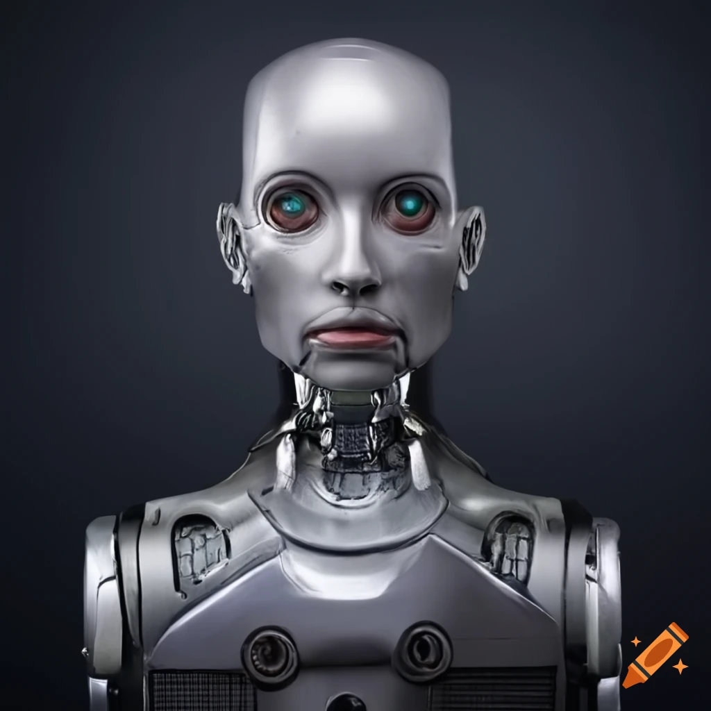 Front view of a realistic robot bust on Craiyon