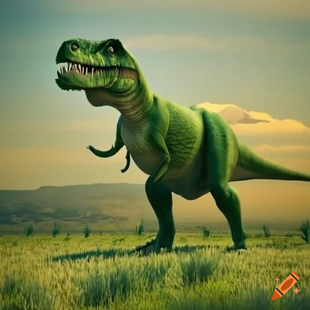 Illustration of a green t-rex in tall vegetation on Craiyon