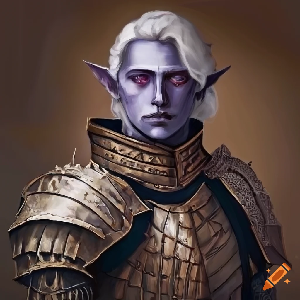 Portrait of a serious male drow knight in seashell armor on Craiyon
