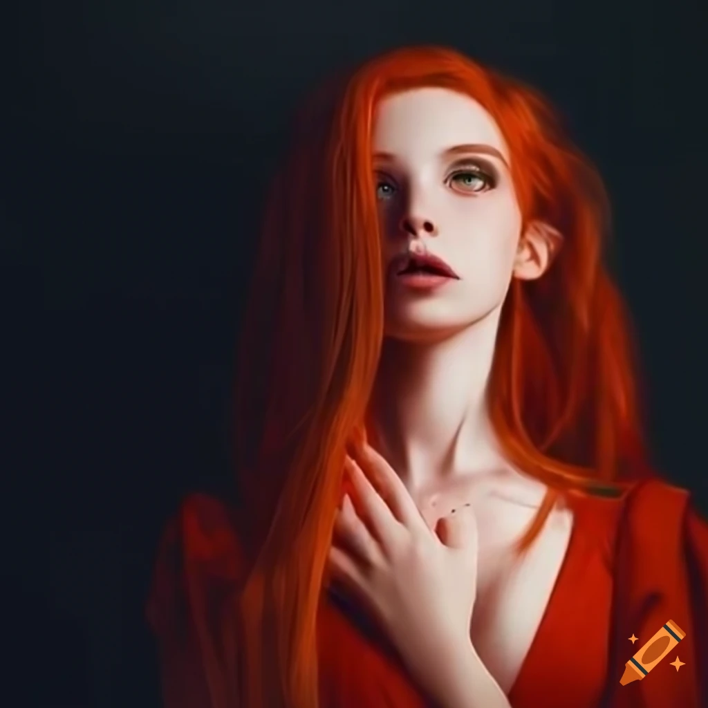 Anime Style Woman With Long Red Hair And Green Eyes