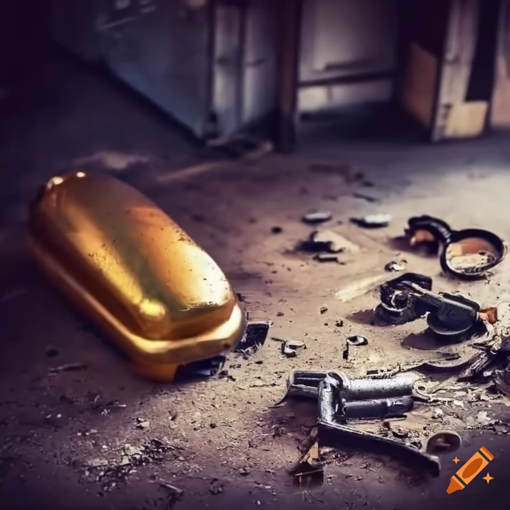 Gold tank and car parts in a workshop