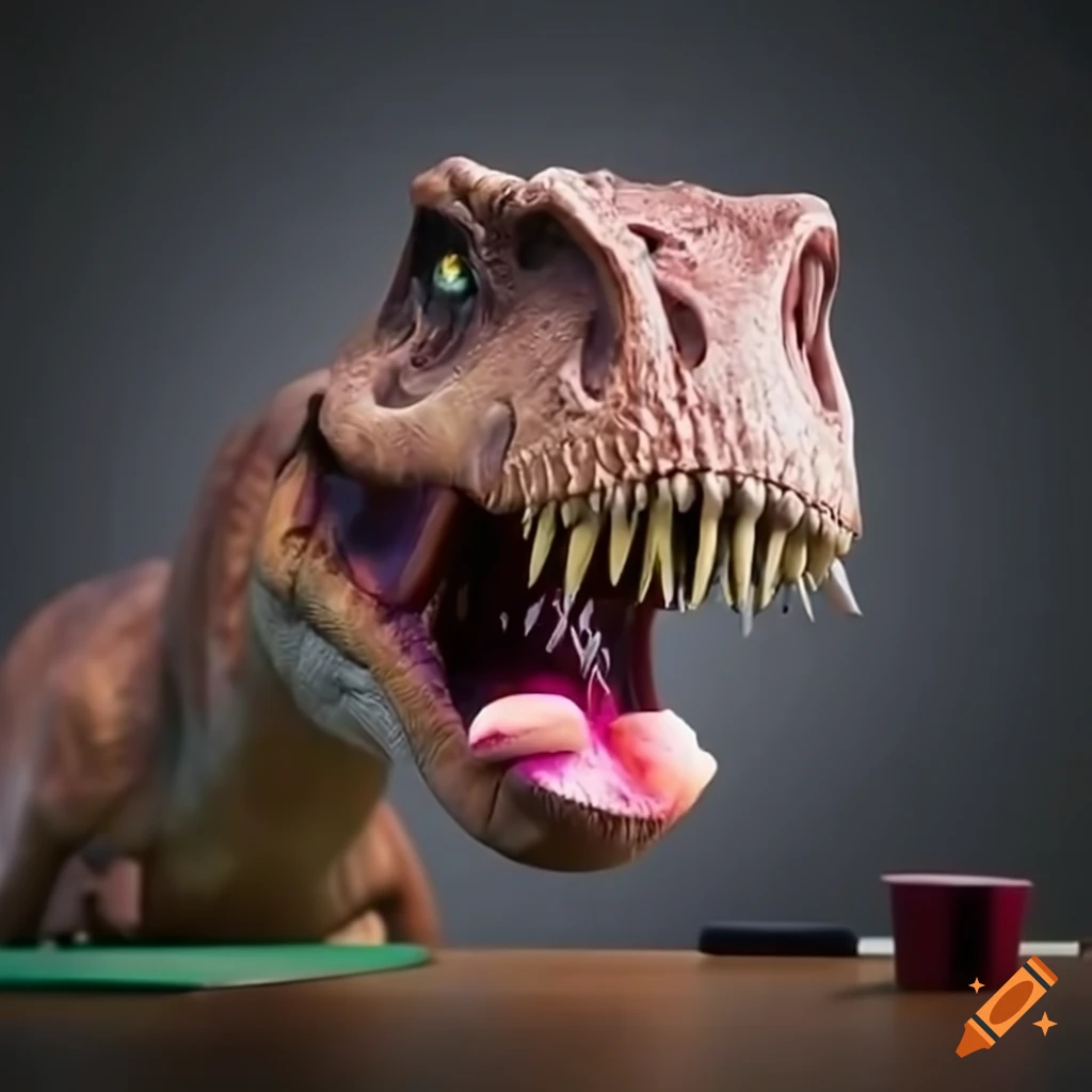 Humorous illustration of a t-rex chewing bubblegum at a desk on Craiyon
