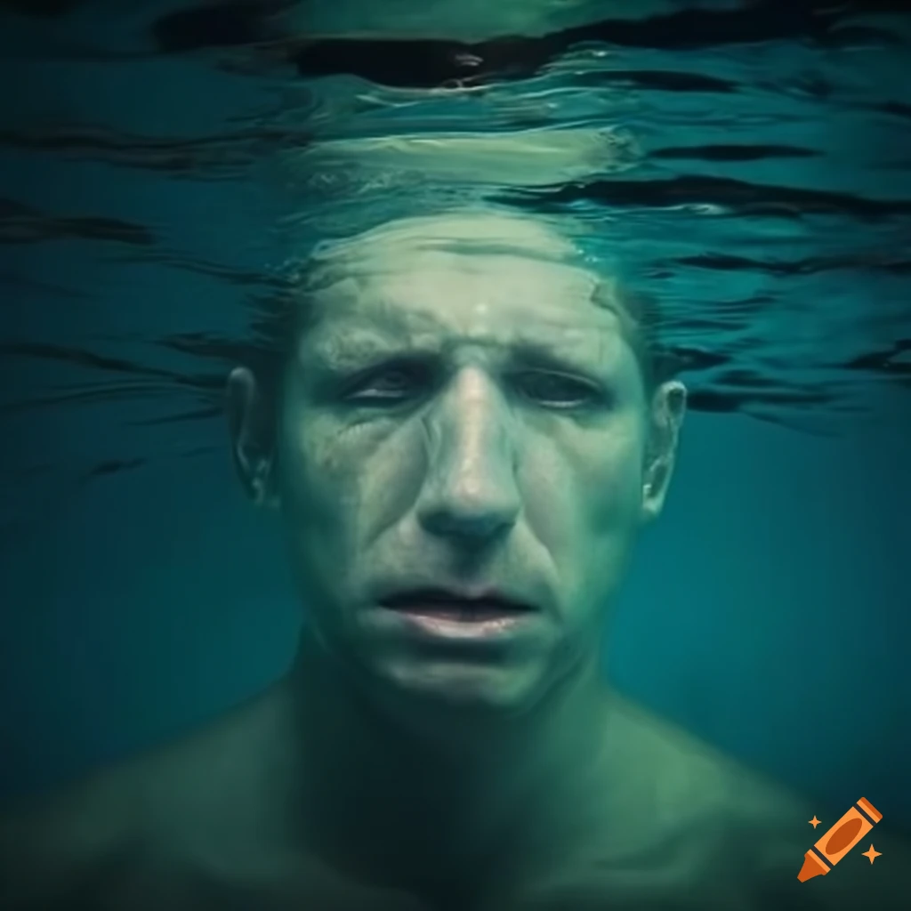 Man's face submerged in water