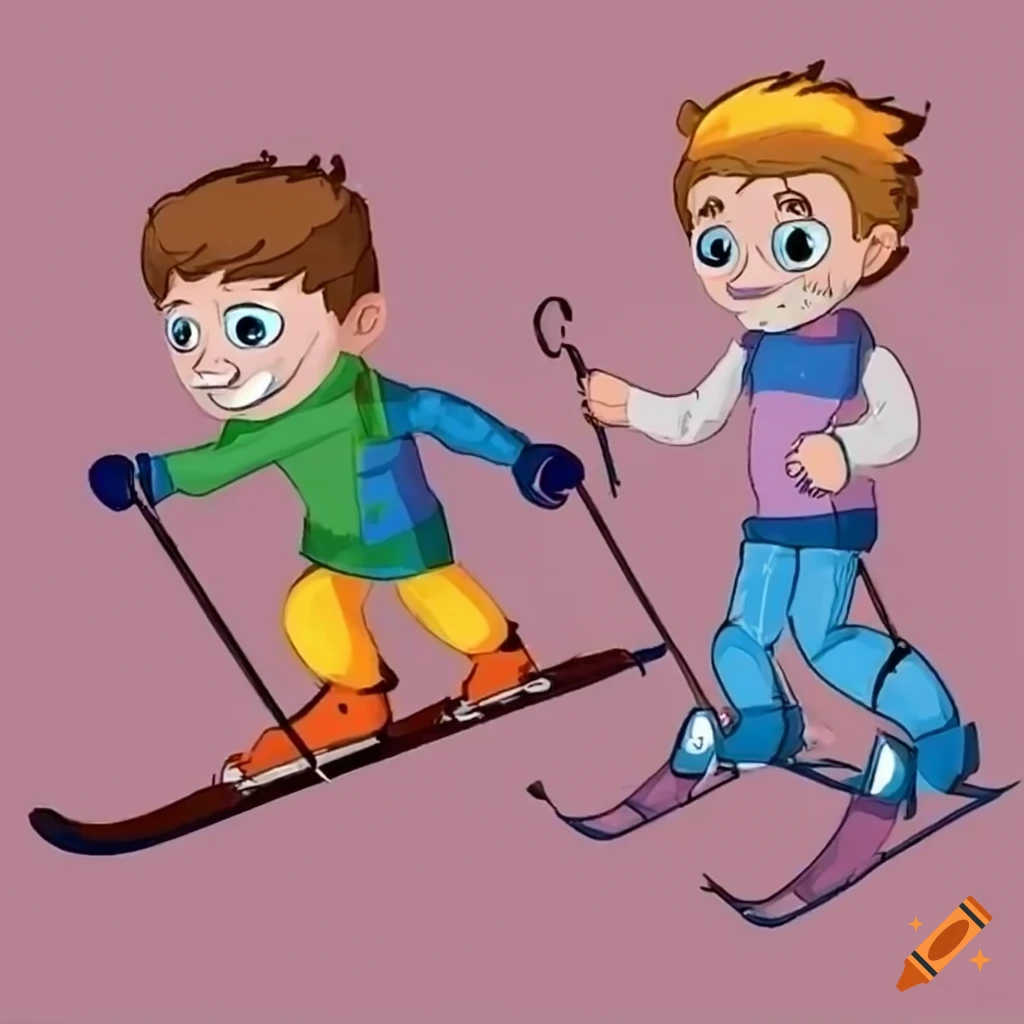 Cartoon illustration of boys skiing