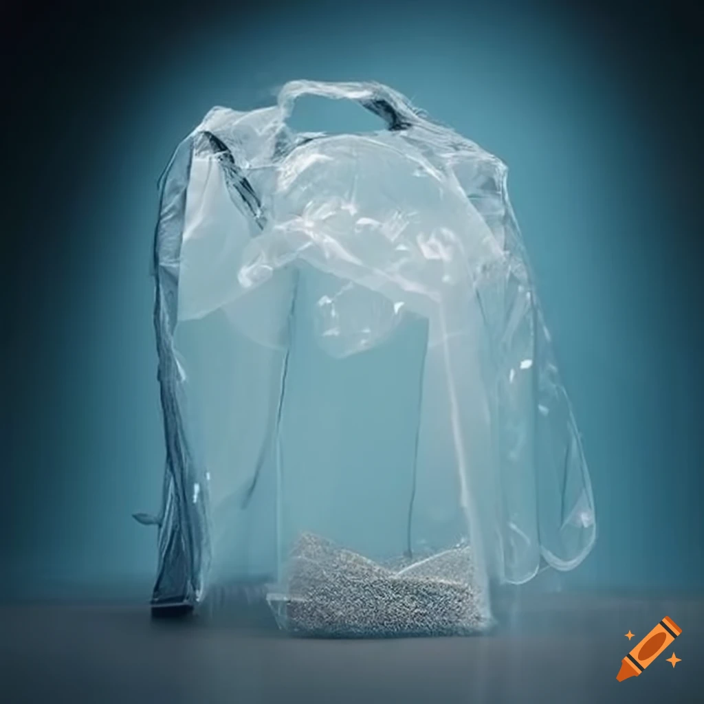 Layered transparent plastic jackets with sand and plastic bits on Craiyon