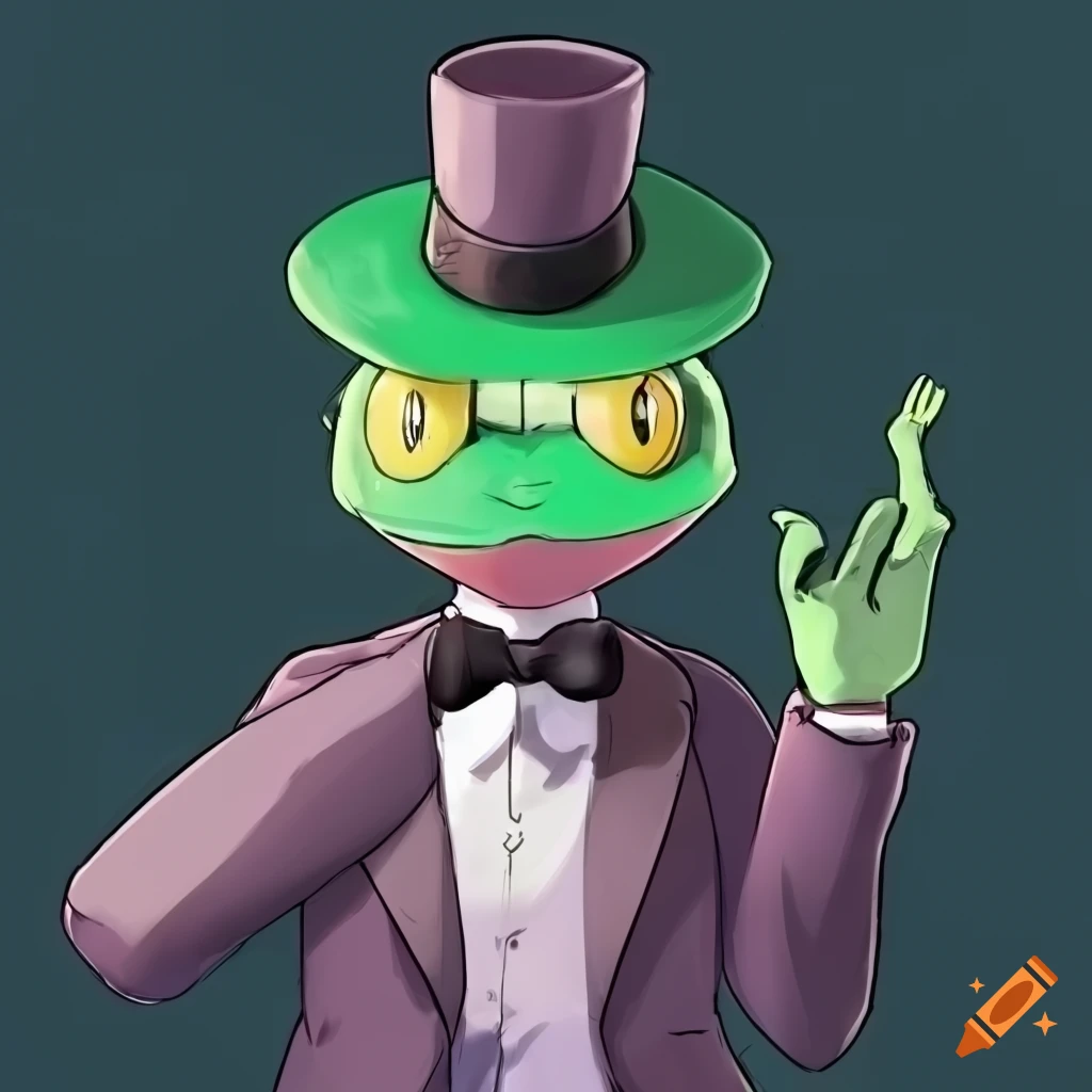 Dapper frog pokémon in a stylish suit and mustache on Craiyon