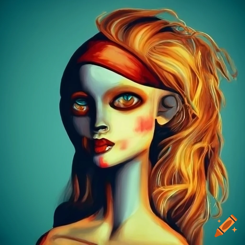 Picasso-style cartoon of a vintage cyborg with long hair