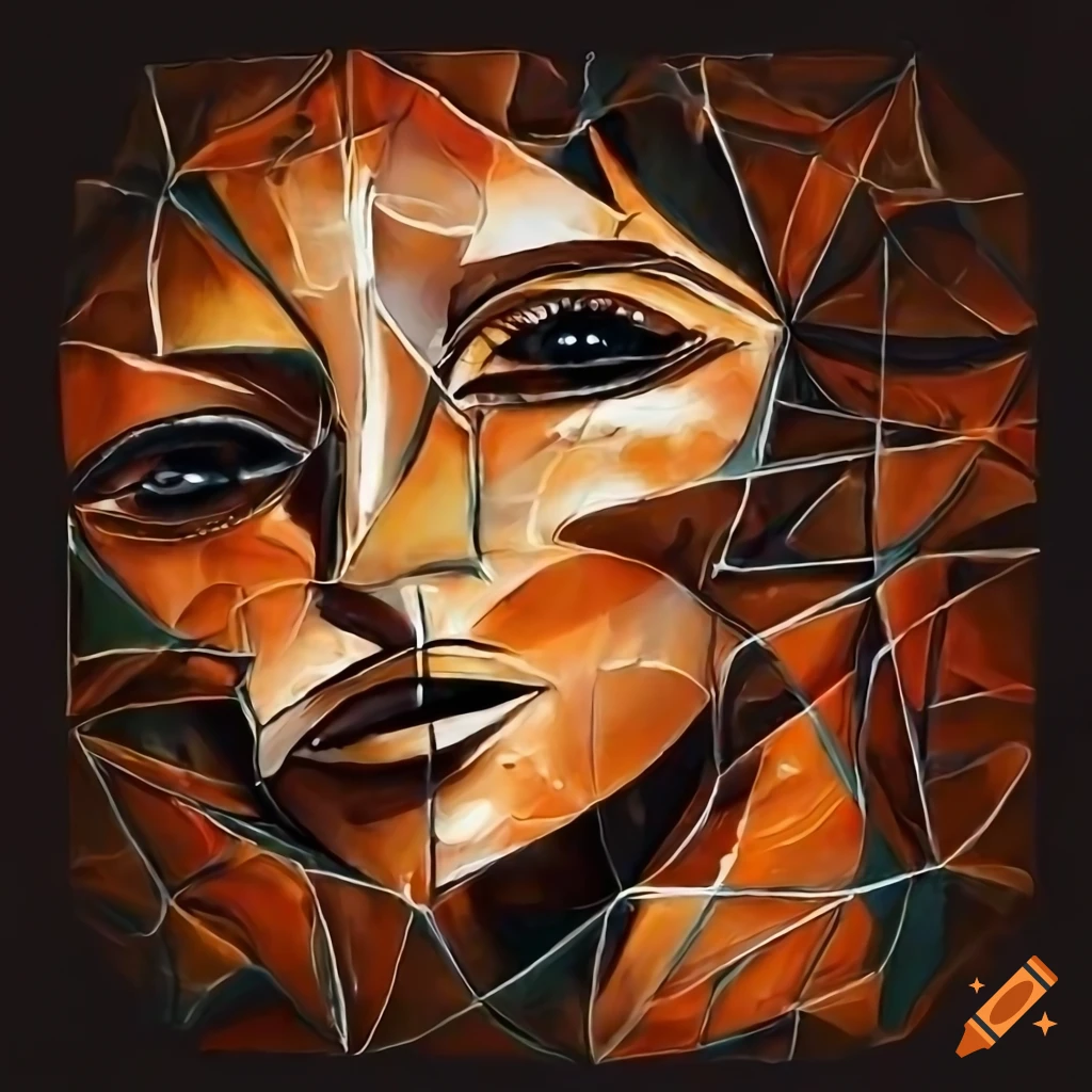 Geometric abstract painting of a face on fire and water