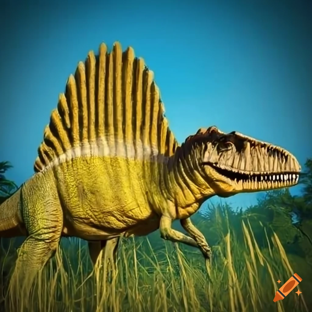 Image of a large yellow spinosaurus in tall grass