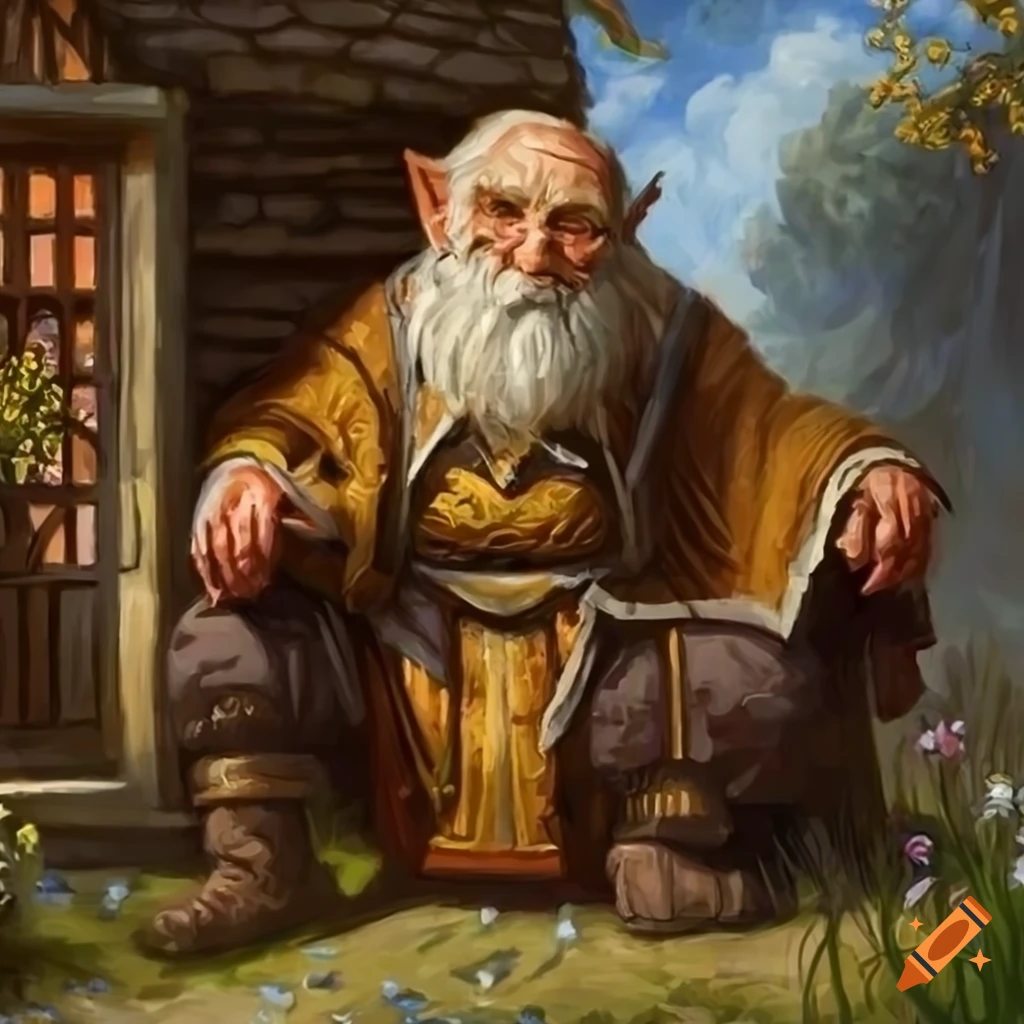 Illustration of a wise dwarf in front of a beautiful house