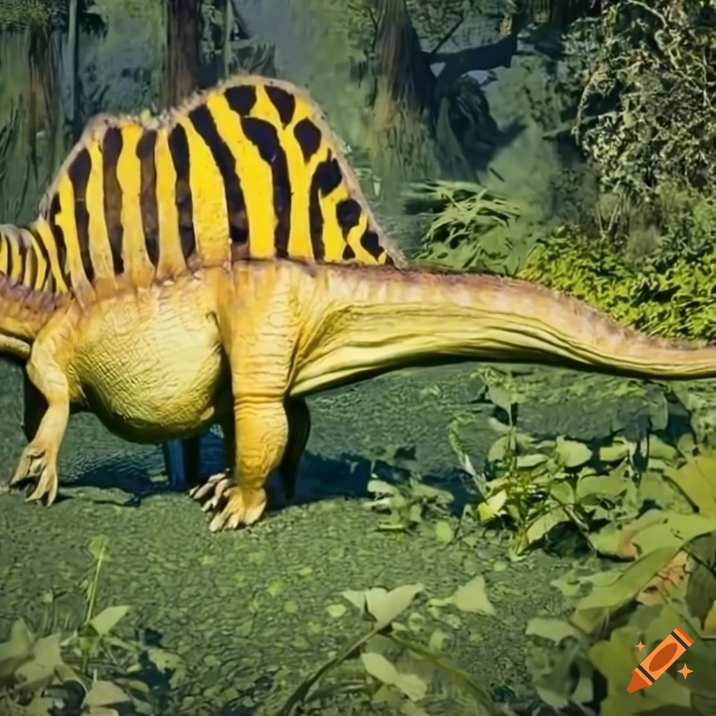 Image of a yellow spinosaurus in tall wild vegetation on Craiyon
