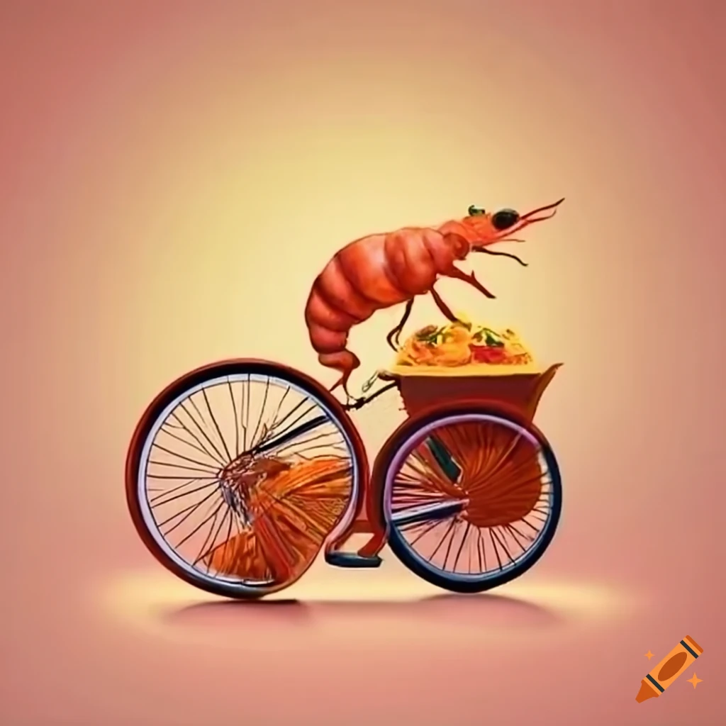 Humorous image of a shrimp riding a bicycle and eating lasagna on Craiyon